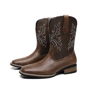 Generic Bottes de Cowboy pour Hommes, Style Western, &agrave; Enfiler, Bout carr&eacute;, en Cuir PU brod&eacute;, mi-Mollet, pour Le Ranch, Le Travail et Les Tenues d&eacute;contract&eacute;es