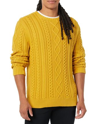 Amazon Essentials Herren Pullover mit Langen Ärmeln und Rundhalsausschnitt aus 100% Baumwolle mit Zopfmuster, Senfgelb, M