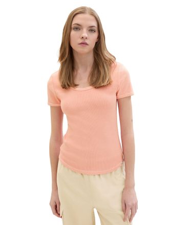 Tom Tailor Damen Basic T-Shirt mit Ripp, burnt terracotta, L