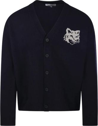 Maison Kitsun&eacute; Cardigan en laine m&eacute;rinos &agrave; t&ecirc;te de renard - Homme - Pulls - Bleu - Taille: L