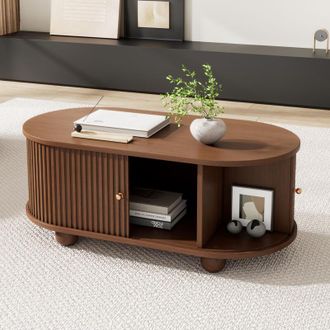 STILVORA Table Basse Ovale avec 2 Portes Coulissantes 360&deg;, Rangement, Style Industriel, en MDF, 100&times;50&times;40 cm, Noyer