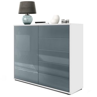 Vladon Sideboard Ben V2, Made in Germany, Kommode mit 1 Tür und 5 Schubladen, Weiß matt/Grau Hochglanz (79 x 74 x 36 cm)