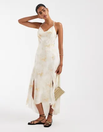 Kiss The Sky Retro Botanica - Maxikleid aus bedrucktem Jacquard-Satin in Butter Lemon-Gelb