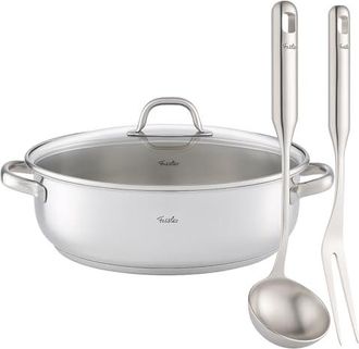 FISSLER Edelstahl-Bräter (8,8 L - Ø 38 cm) mit Fleischgabel & Schöpf-Löffel, großer ovaler Schmortopf, mit Glas-Deckel - Induktion