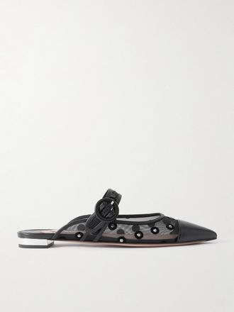 Aquazzura Darling Daisy Slippers Aus Beflocktem Mesh Mit Punkten, Kristallen Und Lederbes&auml;tzen - Schwarz