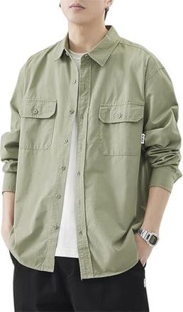 Generic Chemise de travail d&eacute;contract&eacute;e &agrave; manches longues/courtes en coton avec deux poches poitrine pour homme printemps et automne, Vert-a, 4XL