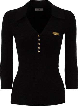 Elisabetta Franchi Femme, Pulls, Noir, Taille: 36 FR Polo en maille c&ocirc;tel&eacute;e