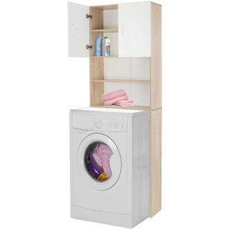 ECD Germany Meuble pour Machine à Laver 190x62,5 cm Blanc/Chêne Sonoma 2 Portes 2 Compartiments Ouverts Armoire Haute Salle de Bain Lave-Linge Sèche-Linge