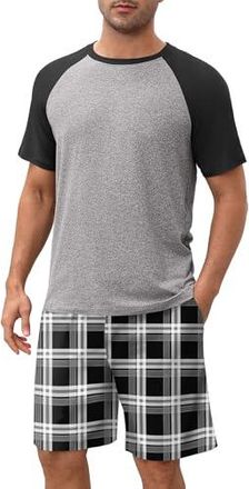 Ekouaer Pyjama Hommes Court Ensembles Col Rond Pyjama à Manches Courtes et Bas à Carreaux avec Poches Doux Cadeau Été, Gris-Noir carafé, S