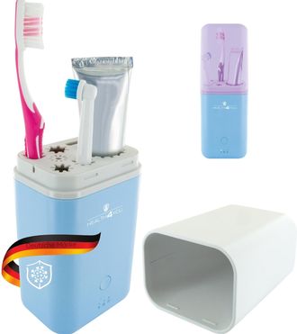 Schwaiger 662092 UV-Sterilisator Zahnbürstenhalter Zahnputzbecher Zahnbürsten-Reiseetui UVC-Licht Zahnbürstentrockner Desinfektion Miniventilator blau/weiß
