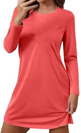 Generic Chemise de nuit en coton &agrave; manches longues pour femme, chemise de nuit courte en coton &agrave; col rond, v&ecirc;tements de nuit amples confortables, v&ecirc;tements de