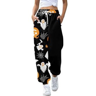 Generic Pantalon de surv&ecirc;tement en jean pour femme avec taille &eacute;lastique et poches lat&eacute;rales - Style d&eacute;contract&eacute; - Imprim&eacute; - Pour Halloween, Noir, XXL