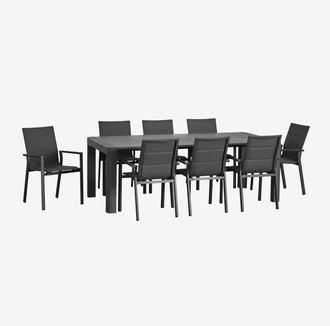 Sklum Set aus rechteckigem Arnadine-Tisch (220 x 100 cm) und 8 stapelbaren Gartenst&uuml;hlen aus Karena-Aluminium Grau Graphit - Sklum