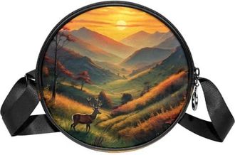 Generic Sac &agrave; bandouli&egrave;re Circle pour femme, petit sac &agrave; bandouli&egrave;re Art Mountain Deer avec fermeture &eacute;clair, bretelles r&eacute;glables, sac &agrave; main rond d&eacute;contract&eacute;