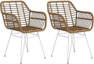 HOMCOM Lot de 2 chaises fauteuils de salle &agrave; mager design boh&egrave;me assise en r&eacute;sine tress&eacute;e pi&egrave;tement en acier blanc-Marron