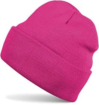styleBREAKER Bonnet Beanie Unisexe uni | Bonnet dHiver en Maille Fine &agrave; Large Revers | Extensible et Disponible en Plusieurs Couleurs, Rose