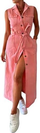 Generic Robe en jean boutonn&eacute;e sans manches pour femme, robe longue sans manches avec ceinture en jean pour femme, robe midi &agrave; col, rose, XL