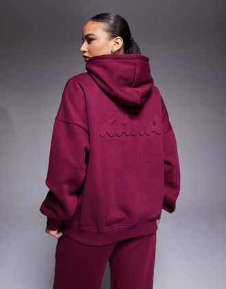 KAIIA Oversize-Kapuzenpullover mit hohem Baumwollanteil in Burgunderrot mit Logo-Pr&auml;gung, Kombiteil
