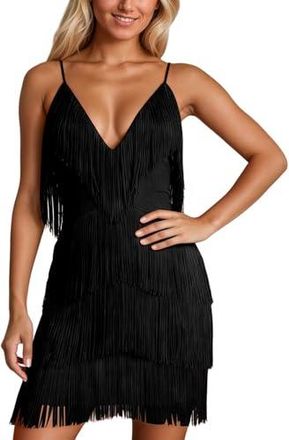Generico Robe courte style ann&eacute;es 1920 pour femme avec franges multicouches, col en V prononc&eacute; sans manches et pompons Robe avec col en V Prononc&eacute;, Noir, X-Lar