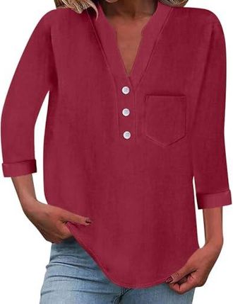 Generic T-shirt d&eacute;t&eacute; en lin pour femme - Manches 3/4 - Chemise d&eacute;t&eacute; en lin - Grande taille - &Eacute;l&eacute;gant - Avec boutons - Tunique en lin - Couleur unie - Chemisie