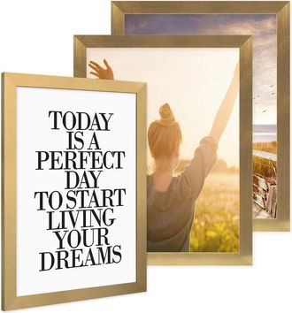 Photolini Bilderrahmen 30x40 Holz MDF Gold 3er Set, breite Rahmen 30x40 Gold mit Acrylglas, picture frame 30 x 40 zum Aufhängen, Bilderrahmen 40x30 cm plus Zube
