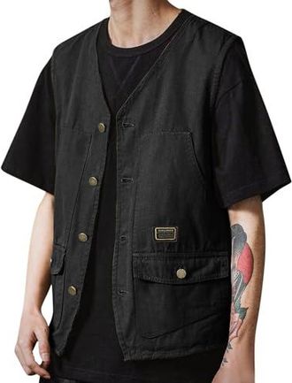 Generic Cargoweste Gilet de costume léger pour homme - Gilet de fitness régulier - Vintage - Col en V - Gilet léger avec boutons - Pour lété - Trekking - Gile