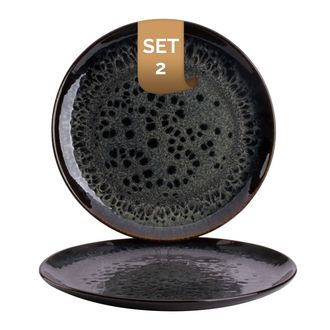 Palmers Eccentric flache Teller gross - 2er-Set - Steinzeug - &Oslash; 28 cm - dunkelblau gl&auml;nzend mit braunem Rand, organische Form - f&uuml;r Pizza, Men&uuml; oder als Servi