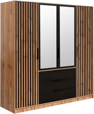 Vente-Unique Vente-unique - Armoire 4 portes et 3 tiroirs - Avec miroir - L196 cm - Coloris : Naturel et noir - lirmada
