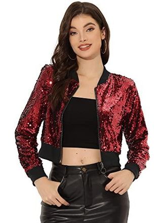 Allegra K Blouson Femme &agrave; Paillettes Veste Court Zipp&eacute; Cardigan &agrave; Sequin Bomber de F&ecirc;te Noir rouge L