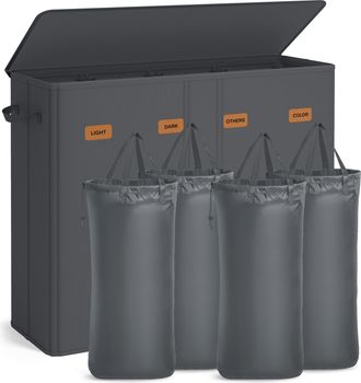 Songmics Wäschekorb mit 4 Fächern, 210 L, mit Deckel, 5 Etiketten, herausnehmbarer und waschbarer Innensack, Waschküche Schlafzimmer, dunkelgrau RLH014G01