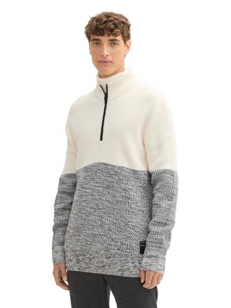 Tom Tailor Herren Troyer Strickpullover, 36869 - White Base Mouline Color Block, M