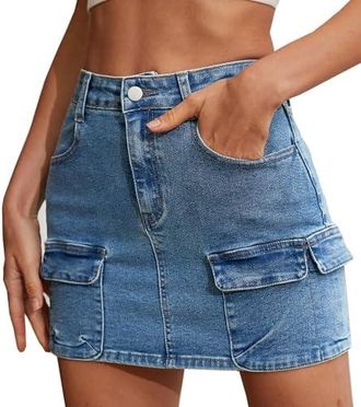 Generic Jupes en jean taille basse pour femme avec poche - Mini jupe cargo en jean pour femme - Jupe en jean pour les loisirs quotidiens - Jupe arc-en-ciel po
