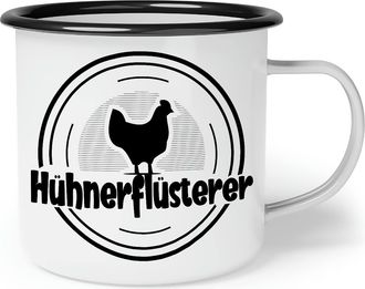 OM3 Hühnerflüsterer Emaille-Tasse Farmer Hühner Flüsterer Huhn | Emailletasse Emaille Becher | 12oz 300ml | Beidseitig Bedruckt | Weiß-Schwarz