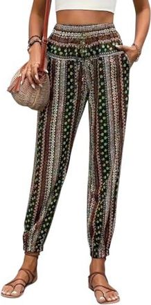Minetom Pantalon Sarouel Femme Boho Sport Taille Haute Bouffant Pants pour Pilate Hippie Yoga Fitness Danse Pyjama Ete Plage B Vert Foncé XS