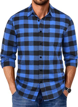 Coofandy Herren Kariertes Flanellhemd Langarm Freizeithemd Männer Button-Down Karo Holzfällerhemd mit Brusttasche Schwarz Blau 3XL