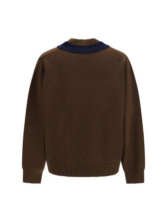 sacai Mens Wool Knit Cardigan With Integrated Scarf Brown&times;navy Merino Ovis Aries Sweater