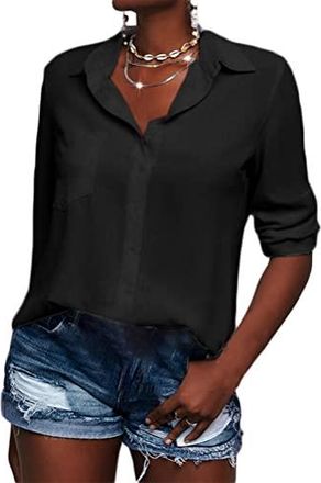 Minetom Chemisier Elégant pour Femme Col en V Manches Longues Blouse avec Boutons Chemise Ample Travail Bureau Tunique Shirt Top Haut A Noir XL