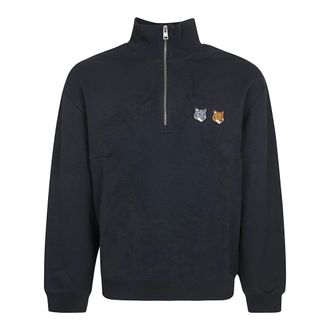 Maison Kitsun&eacute; Homme, Sweatshirts et sweats &agrave; capuche, Bleu, Taille: M Double Fox Head Half Zip Comfort SweaT-shirt