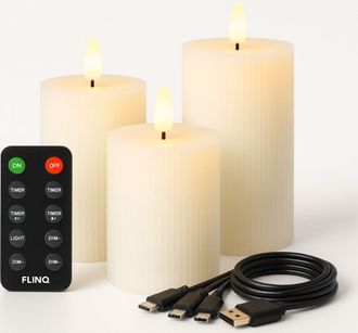 FlinQ Wiederaufladbare LED-Kerzen mit lebendiger Flamme (Ribbed Design) - Inklusive Fernbedienung mit Timer und Dimmfunktion - Wiederaufladbare Echtewachs S
