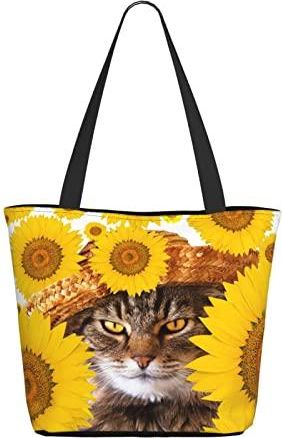 AOOEDM Sac shopping pour femme chat et tournesol 33 x 28 x 19 cm. Le cadeau parfait pour la Saint-Valentin. Cest de la Saint-Valentin pour maman, fille, &eacute;pou