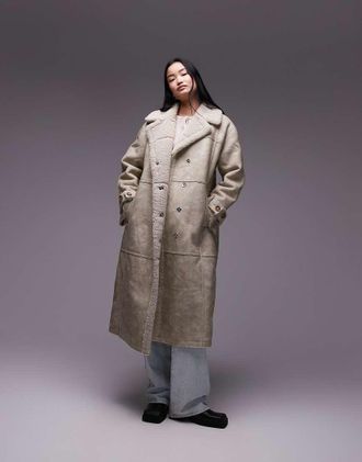 Topshop Blouson aviateur long imitation cuir et imitation peau de mouton - Crème-Marron