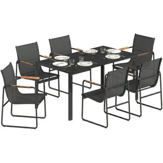 OUTSUNNY Salon de jardin - Outsunny - 7 pi&egrave;ces - table et chaises - acier et verre - 6 personnes - noir