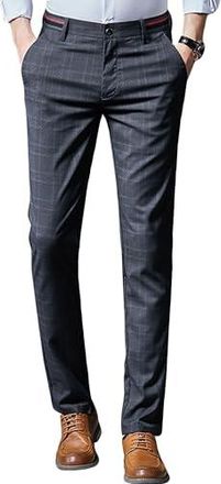Generic Pantalon de costume &agrave; carreaux pour homme, coupe ajust&eacute;e, extensible, pantalon habill&eacute; pour affaires, pantalon fusel&eacute; extensible, gris fonc&eacute;, 42