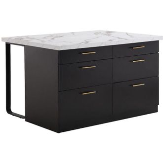 Vente-Unique Vente-unique - Ilot central de cuisine avec 6 tiroirs en mdf et m&eacute;tal - Noir et Effet Marbre blanc - alegrita
