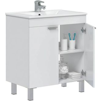 Dmora Unterbeckenschrank Cariati, 2 T&uuml;ren, Fl&uuml;gelt&uuml;r, Aluminiumf&uuml;&szlig;e, 70x45x80 cm, Hochglanz Wei&szlig;