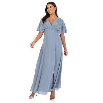 Maya Womens Maxi Dress Ladies V-Neck Wide Sleeve Floral Embroidered Wrap Bodice Tie Belt Split Wedding Guest Prom Ball Gown, Dusty Blue, 56