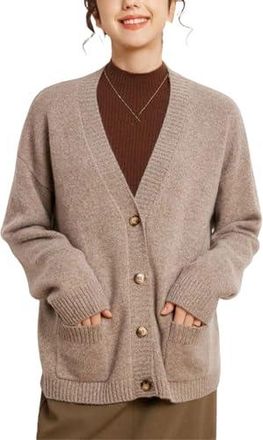 Generic Cardigan &agrave; col en V pour femme 100 % cachemire pull ample en tricot r&eacute;tro poches v&ecirc;tements dext&eacute;rieur, Caf&eacute; Hua, Taille Unique