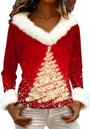 Generic Sweat-shirt de No&euml;l pour femme avec bordure en fausse fourrure et col en V - Haut de No&euml;l amusant - P&egrave;re No&euml;l - Verre &agrave; vin - Pull graphique, M