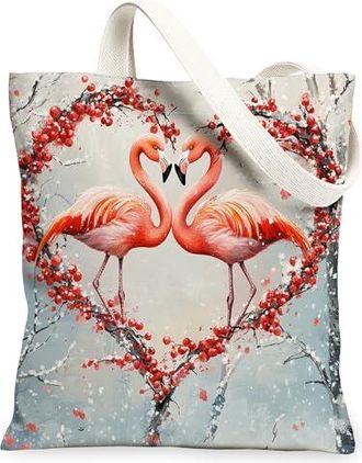 Generic Sac fourre-tout en toile motif flamants roses pour faire du shopping, 33 x 38,1 cm, sac &agrave; bandouli&egrave;re r&eacute;utilisable pour femme, motif for&ecirc;t enneig&eacute;e, d