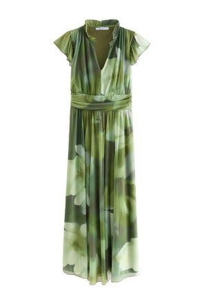 Next Midikleid Plissiertes Mesh-Midikleid mit V-Ausschnitt (1-tlg)